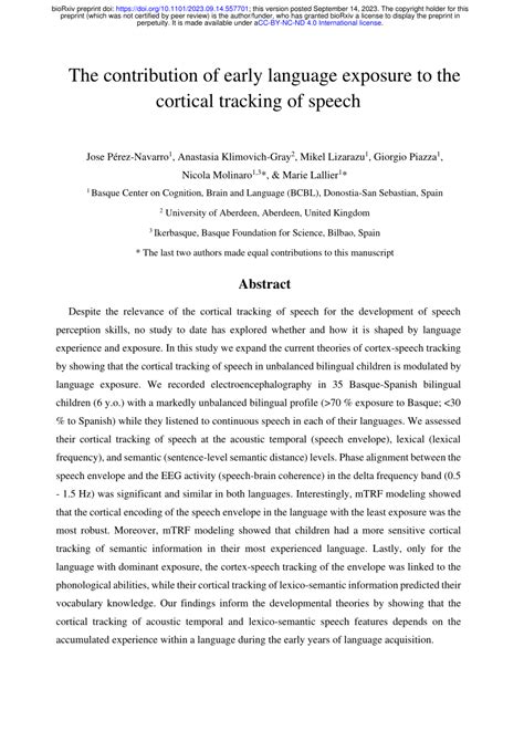 Pdf The Contribution Of Early Language Exposure To The Cortical