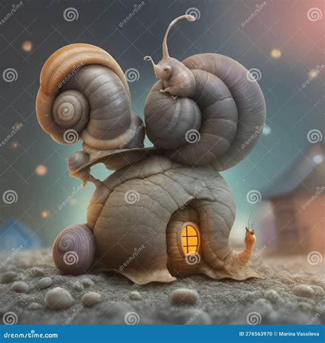 A Surreal Photo Of A Giant Snail Carrying A Small House On Its Back Stock Illustration