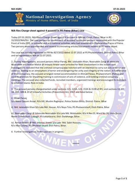 Nia Files Chargesheet Against 4 Members Of Pfi In Patna Trac