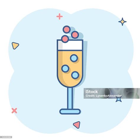 만화 스타일의 샴페인 유리 아이콘 흰색 고립 된 배경에 알코올 음료 벡터 만화 그림 칵테일 스플래시 효과 비즈니스 컨셉 건강관리와 의술에 대한 스톡 벡터 아트 및 기타