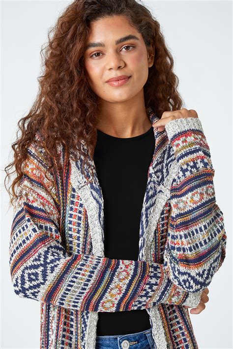 Natural Aztec Print Tassel Hem Longline Cardigan Roman Uk