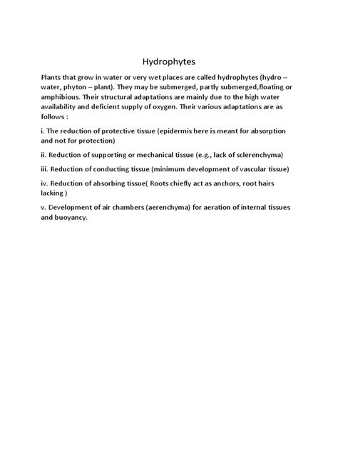 Hydrophytes Anatomical Adaptations Pdf Tissue Biology Leaf