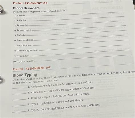 Solved Pre Lab ASSIGNMENT 19B Blood Disorders Define The Following