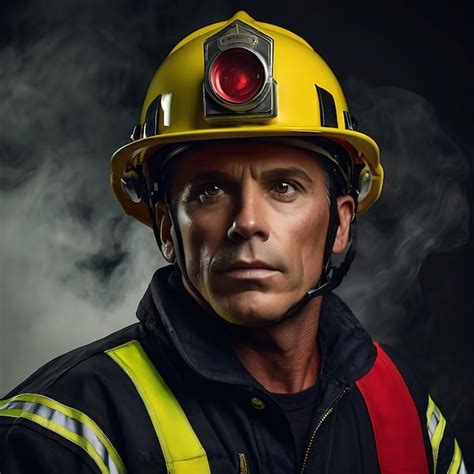 A Firefighter Wearing A Yellow Helmet And A Firemans Helmet Premium