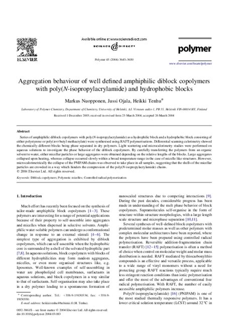 Pdf Aggregation Behaviour Of Well Defined Amphiphilic Diblock