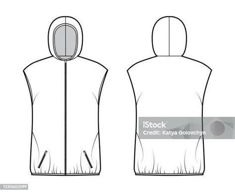 후드 다운 조끼 퍼퍼 웨이스트 코트 기술 패션 일러스트와 지퍼 업 클로저 포켓 오버사이즈 엉덩이 길이 0명에 대한 스톡 벡터 아트 및 기타 이미지 Istock