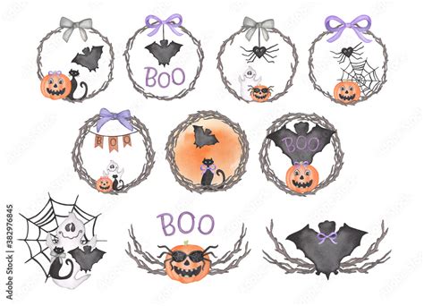 Watercolor Halloween Wreath Set With Pumpkins Spider Web Violet Bow