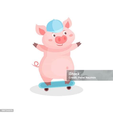 재미 있는 돼지 타고 스케이트 보드 귀여운 작은 돼지 만화 문자 벡터 일러스트는 흰색 바탕에 과체중에 대한 스톡 벡터 아트 및 기타 이미지 Istock