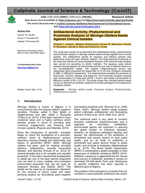 Antibacterial Activity Phytochemical And Proximate Analysis Of Moringa Oleifera Seeds Against