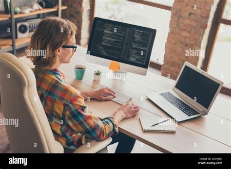 Profile Side Photo Of Young Man Programmer Type Laptop Coder Cyber