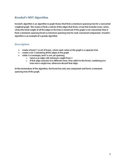 Kruskals Mst Algorithm Description Pdf Algorithms And Data