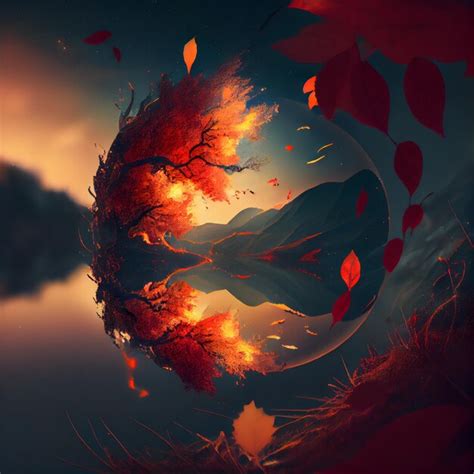 Premium Ai Image Abstract Scene With A Planet In The Form Of A Fire And Autumn Leaves