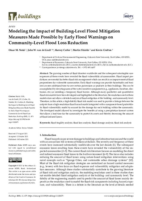 Pdf Modeling The Impact Of Building Level Flood Mitigation Measures Made Possible By Early