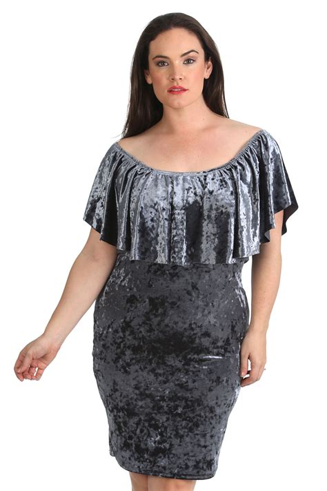 New Ladies Velvet Dress Womens Bodycon Frill Top Pencil Plus Size
