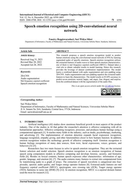 Speech Emotion Recognition Using 2d Convolutional Neural Network Pdf
