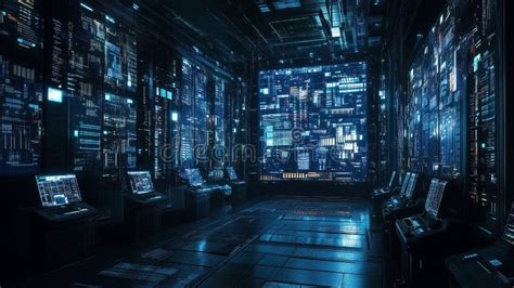 Futuristic Data Control Room With Multiple Digital Screens And
