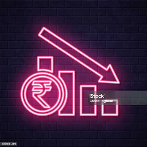 인도 루피 환율 하락 차트 벽돌 벽 배경에 빛나는 네온 아이콘 가격에 대한 스톡 벡터 아트 및 기타 이미지 가격 감소