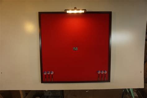 LED Lighted Custom Dart Board Cabinet Dart Storage Display X Red Felt And Mahogany