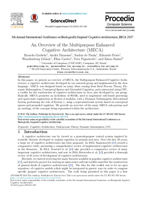 Pdf An Overview Of The Multipurpose Enhanced Cognitive Architecture Meca