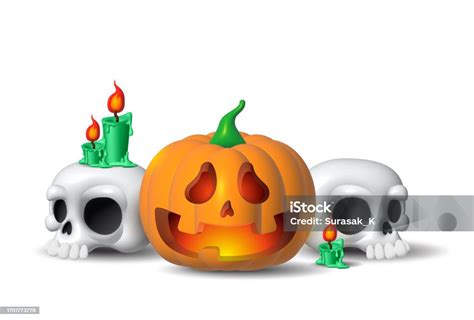 휴일 할로윈 디자인을위한 테마 장식 요소 세트입니다 만화 스타일의 3d 개체입니다 호박과 두개골 0명에 대한 스톡 사진 및 기타