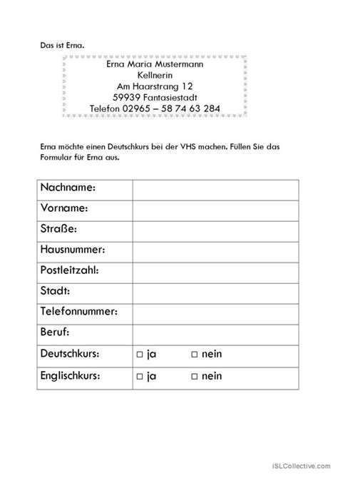 Formular ausfüllen A1 Niveau Deutsch DAF Arbeitsblätter pdf doc
