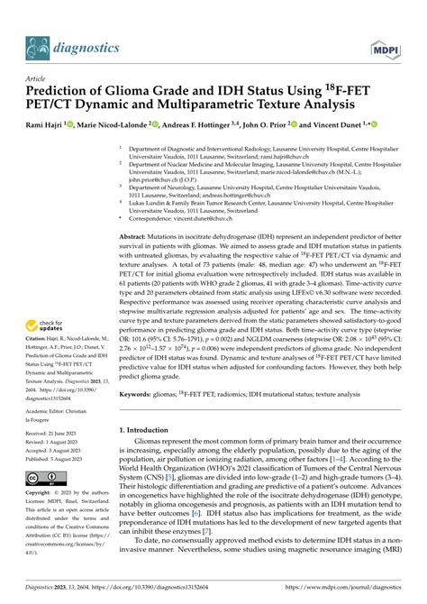 PDF Prediction Of Glioma Grade And IDH Status Using 18F FET PET CT