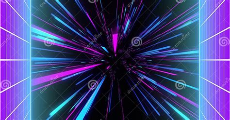 Image Of Side Grids Over Strobing Blue And Pink Neon Light Beams On Black Background Stock
