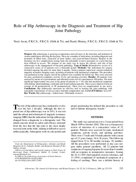 Pdf Role Of Hip Arthroscopy In The Diagnosis And Treatment Of Hip Joint Pathology