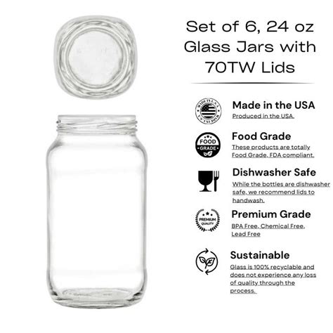 Set Of 6 24 Oz Glass Jars With 70tw Lids