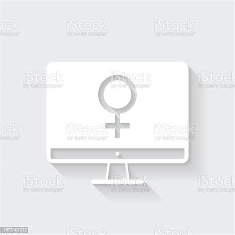 여성 기호가 있는 데스크톱 컴퓨터입니다 빈 배경에 긴 그림자아이콘 플랫 디자인 0명에 대한 스톡 벡터 아트 및 기타 이미지