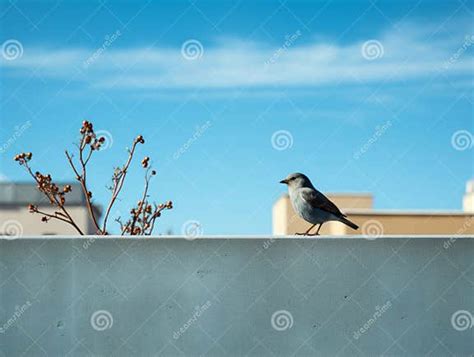 A Small Bird Sitting On A Ledge In Front Of A Building Stock