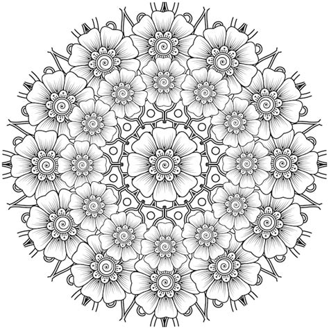 헤나 멘디 문신 장식을 위한 멘디 꽃 색칠하기 책 페이지 프리미엄 벡터