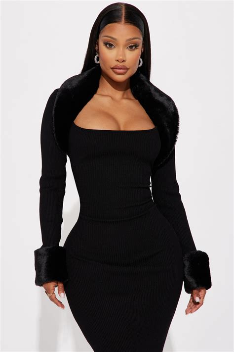 Shilah Faux Fur Sweater Midi Dress Black Fashion Nova Dresses
