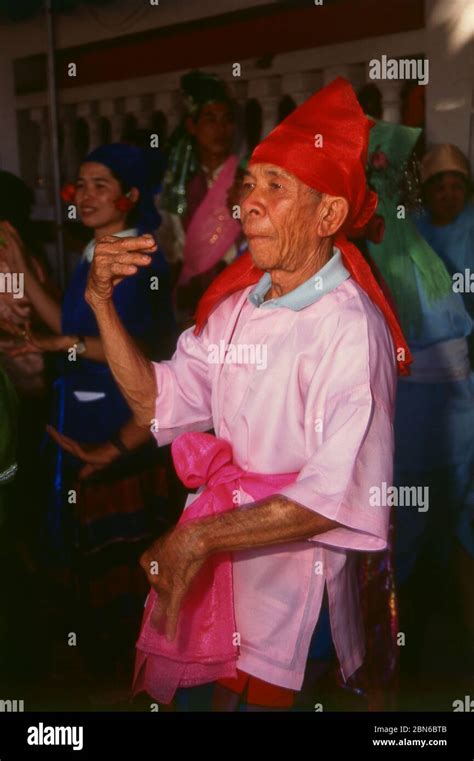 Thailand Brightly Dressed Spirit Medium Ngan Phi At A Thai New Year Celebration Sri Phum