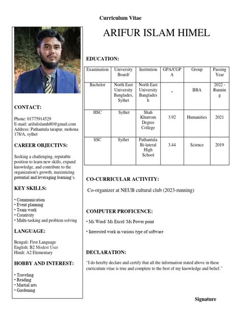 Arifur Islam Himel Cv Pdf Cognition Intelligence