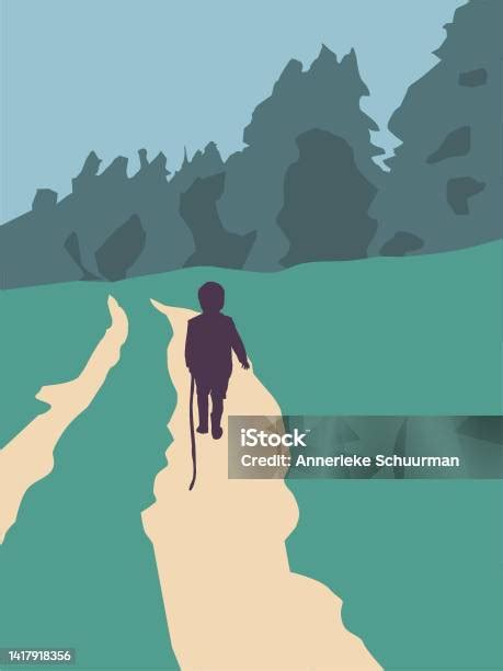 벡터 어린 아이가 들판과 숲 사이의 길을 걷고 있습니다 복고풍 가로 벡터 플랫 그림 오솔길에 대한 스톡 벡터 아트 및 기타 이미지 오솔길 지평선 하이킹 Istock