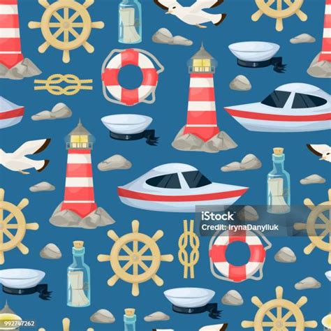 해군 항해 보트 앵커 휠 해양 및 바다 테마 완벽 한 패턴 배경 베이비 샤워 생일 초대에 대 한 벡터 일러스트 레이 션 Launch Party에 대한 스톡 벡터 아트 및