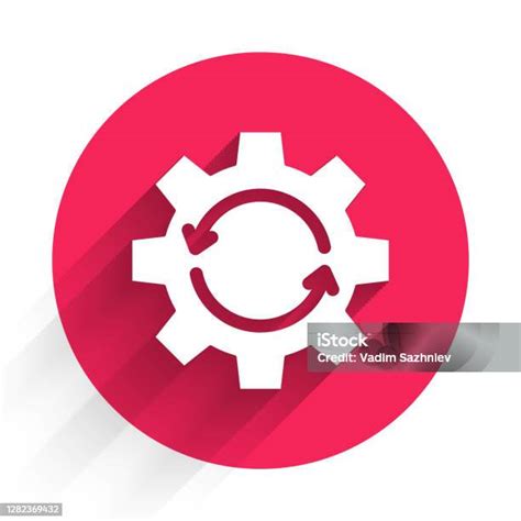 白色齒輪和箭頭作為工作流概念圖示與長陰影隔離齒輪重新載入符號紅色圓圈按鈕向量插圖向量圖形及更多箭頭符號圖片 箭頭符號 齒輪 機件