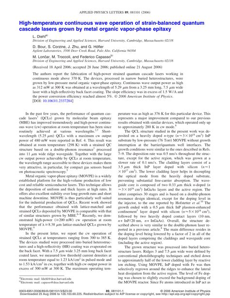 Pdf High Temperature Continuous Wave Operation Of Strain Balanced Quantum Cascade Lasers Grown