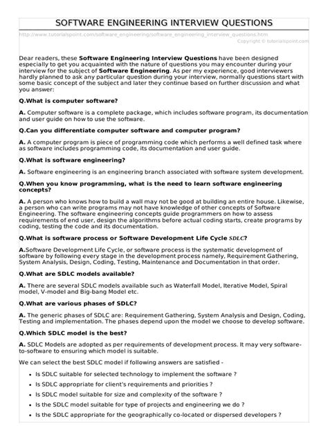 Software Engineering Interview Questions PDF | PDF | Software Development Process | Computer ...