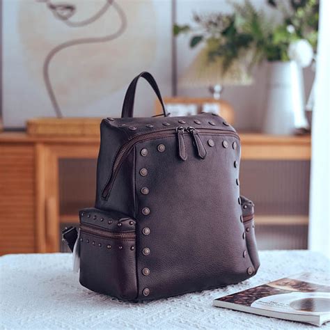 Rivets Ladies Genuine Leather Backpack Purse Ladies Small Leather Ruck
