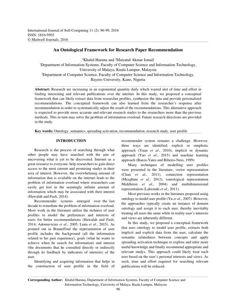 pdf an ontological framework for research paper recommendation