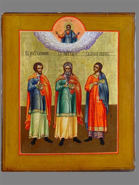 Икона «Святые Гурий, Самон и Авив», дерево, левкас, темпера. Палех ...