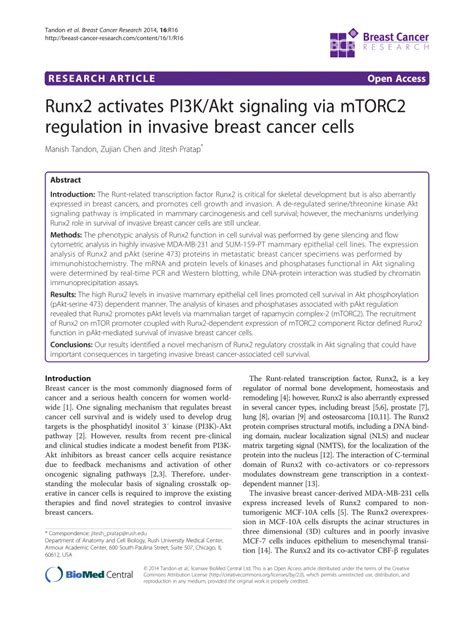 Pdf Runx2 Activates Pi3k Akt Signaling Via Mtorc2 Regulation In Invasive Breast Cancer Cells