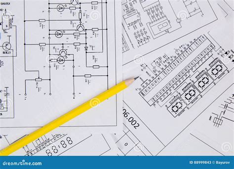 Electronics And Engineering Pencil On Printed Drawings Of Elect Stock