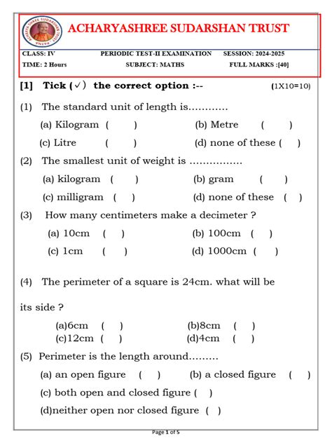 Pt Ii Std4 Question Paper Maths Pdf Units Of Measurement Metrology