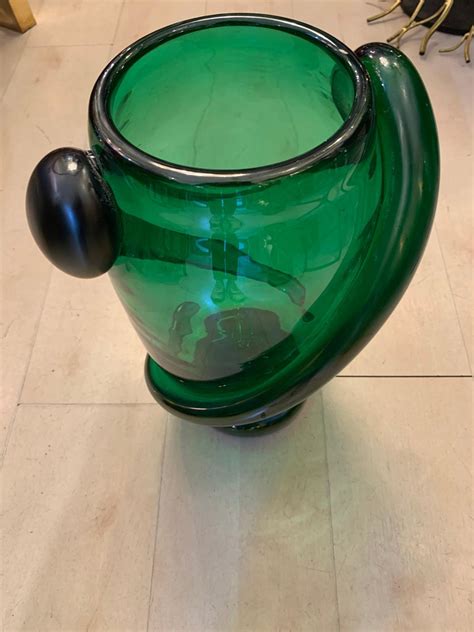 Pair Of Green Murano Glass Hand Blown Iridescent Vases By Costantini