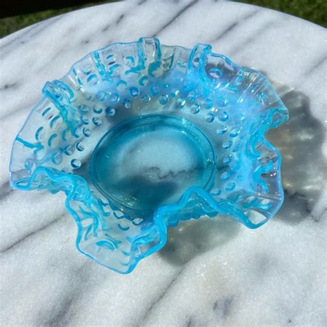 Fenton Accents Vintage Fenton Blue Ruffled Hobnail Crimped Opalescent Glass Candy Dish Bowl