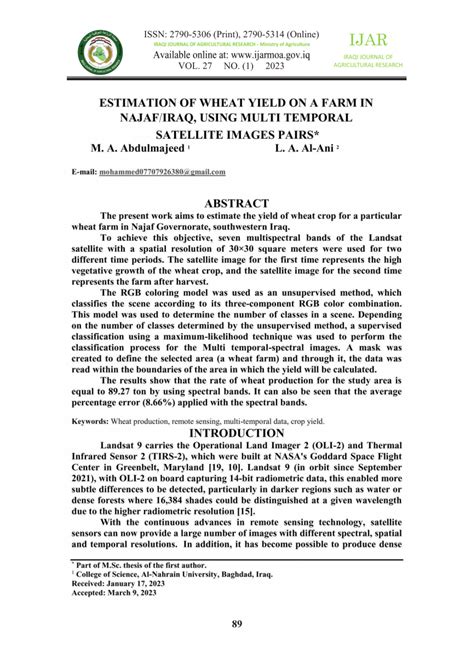 Pdf Estimation Of Wheat Yield On A Farm In Najafiraq Using Multi Temporal Satellite Images Pairs