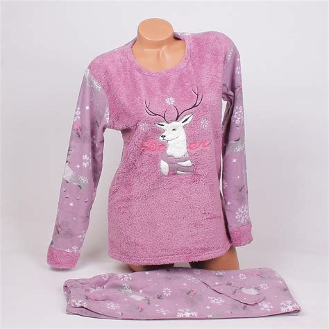 Коледна лилава дамска поларена пижама с еленче